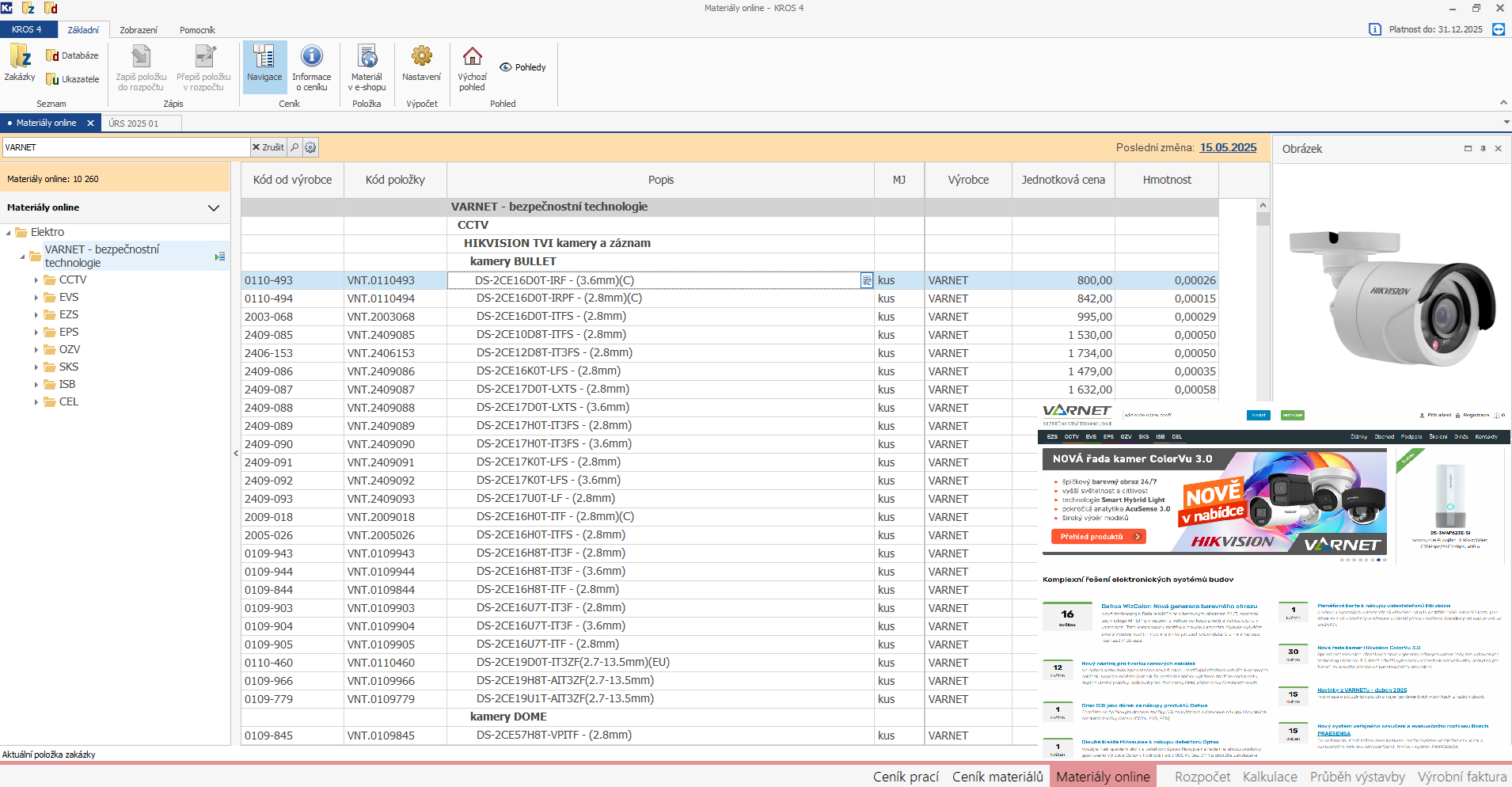 Sortiment VARNET v SW KROS 4 - Cenová soustava ÚRS